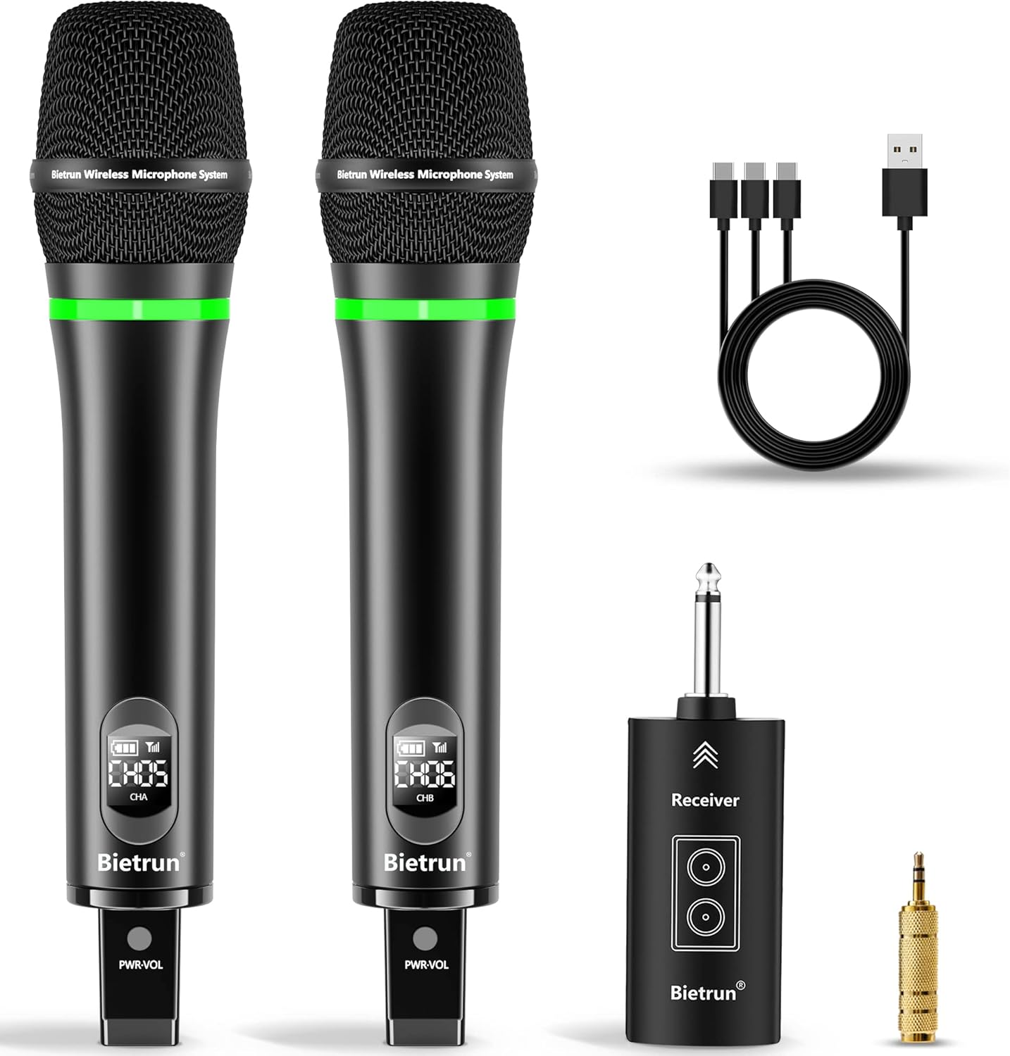 Bietrun Rechargeable Wireless Microphone, Dual Metal Cordless Handheld