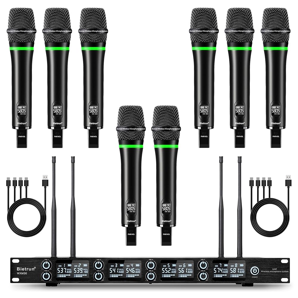 Bietrun 8-Channel Wireless Microphone System with 8 Rechargeable Mics