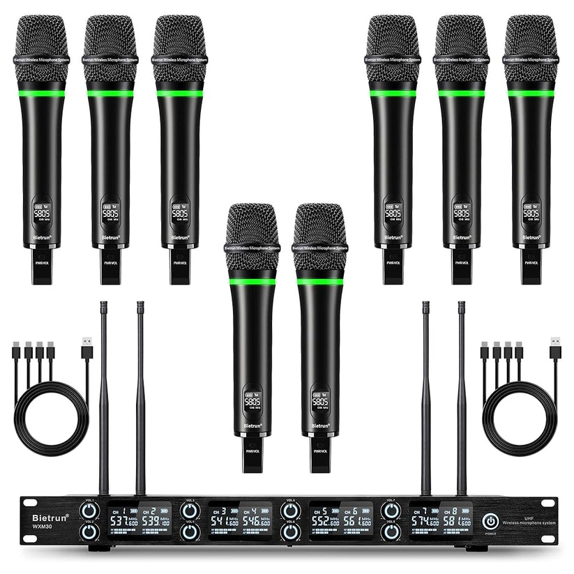 Bietrun 8-Channel Wireless Microphone System with 8 Rechargeable Mics
