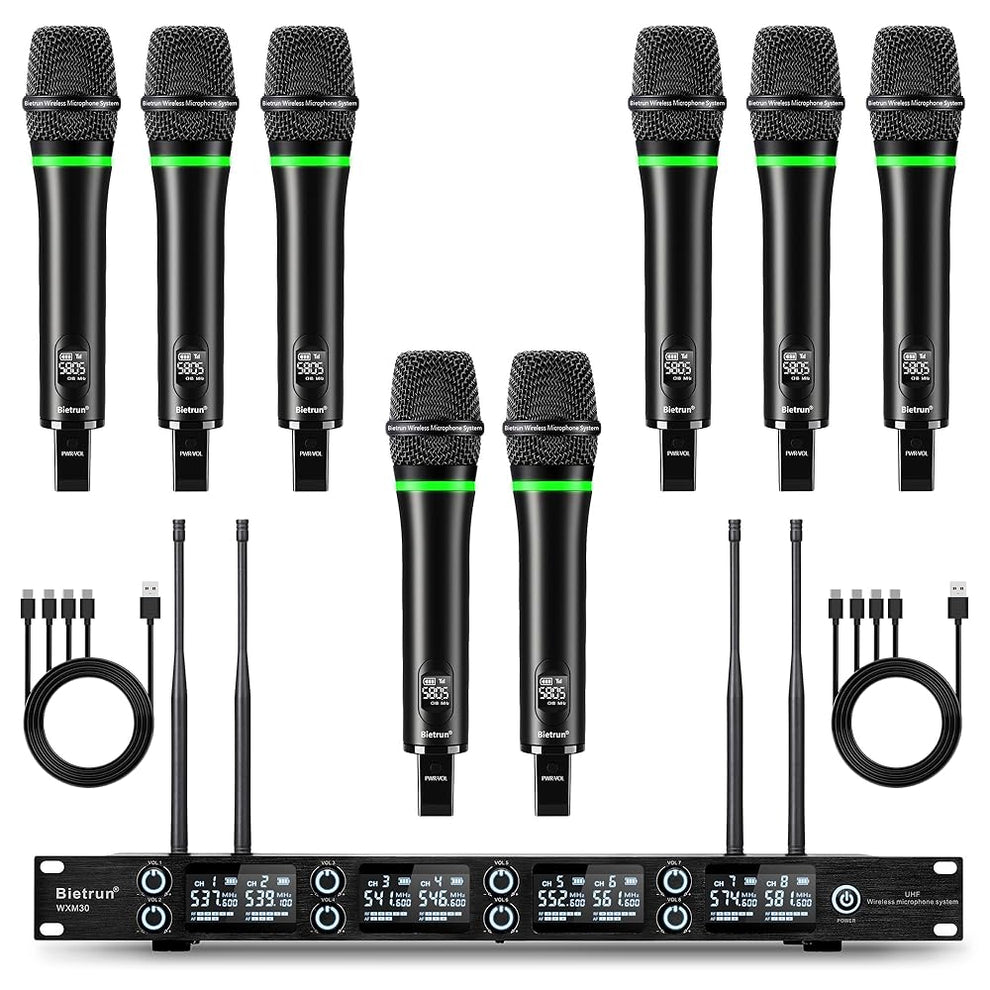 Bietrun 8-Channel Wireless Microphone System with 8 Rechargeable Mics
