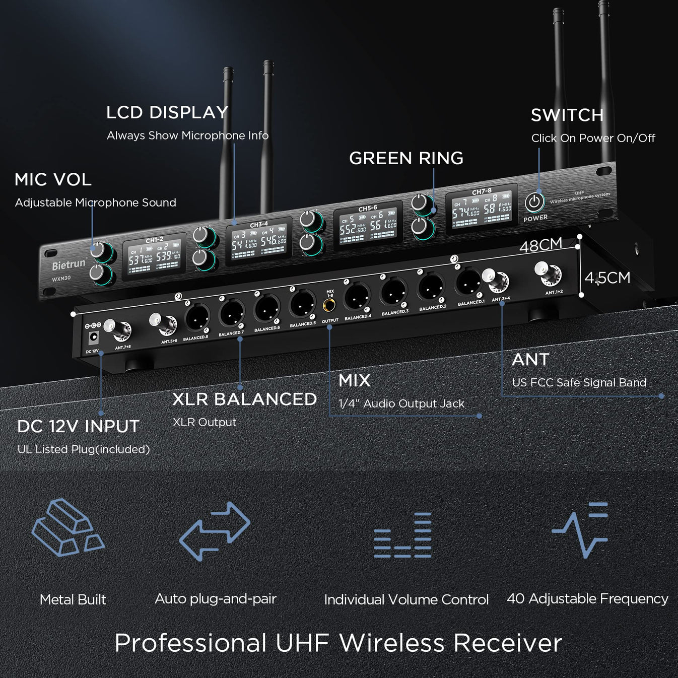 Bietrun 8-Channel Wireless Microphone System with 8 Rechargeable Mics
