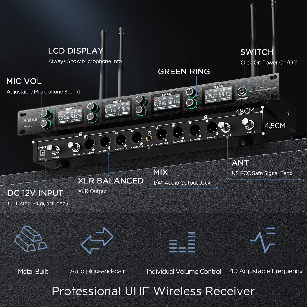 Bietrun 8-Channel Wireless Microphone System with 8 Rechargeable Mics